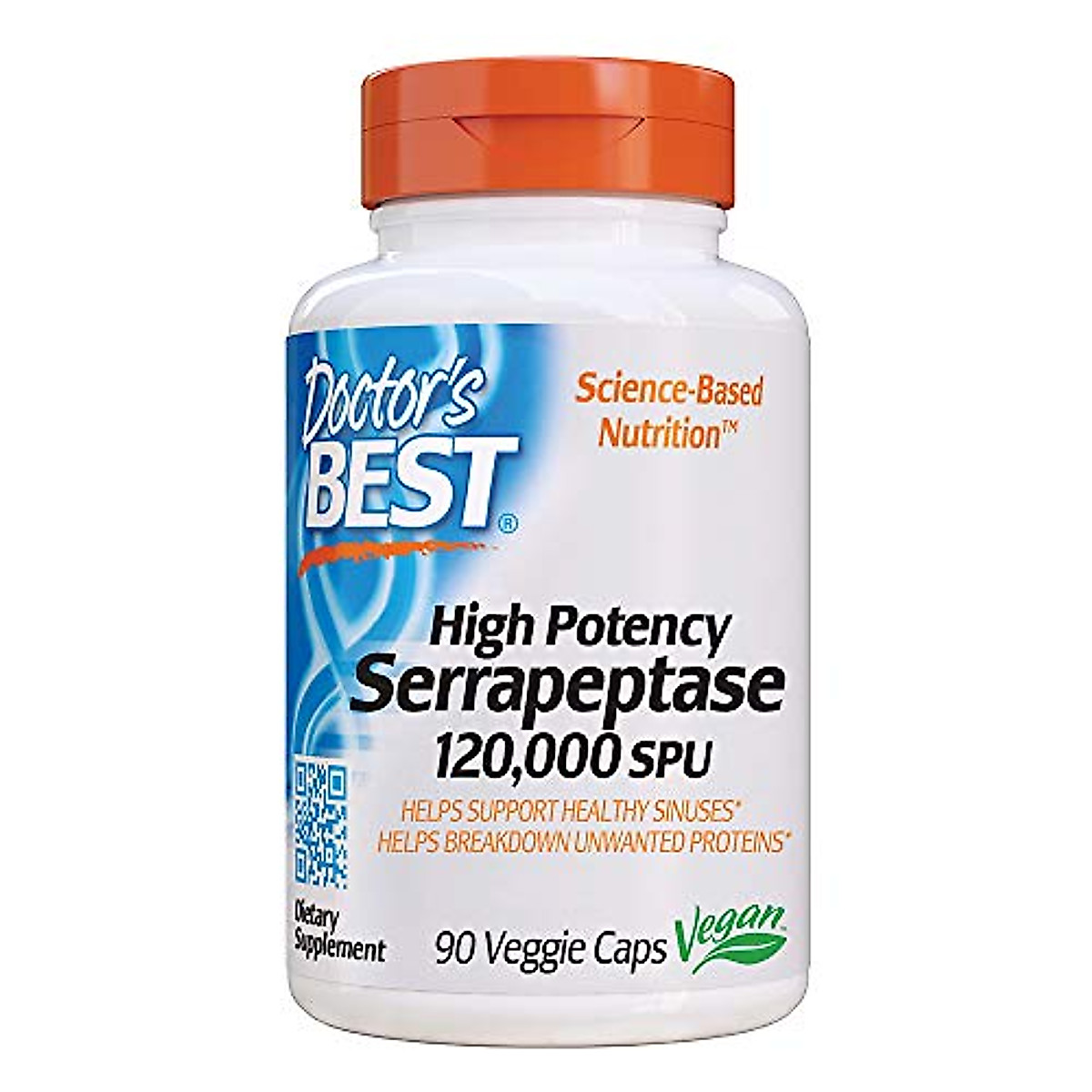 Doctor's Best High Potency Serrapeptase, Non-GMO, Gluten Free, Vegan, Supports Healthy Sinuses, 120,000 SPU, 90 Count