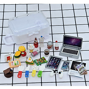 27 Pieces Dollhouse Mini Laptop Tablet and Smart Phone Newspaper Book Miniatures Hamburger Cake Coffee Juice Trolley case DIY Play Game Party Toys Accessories (Silver Set)