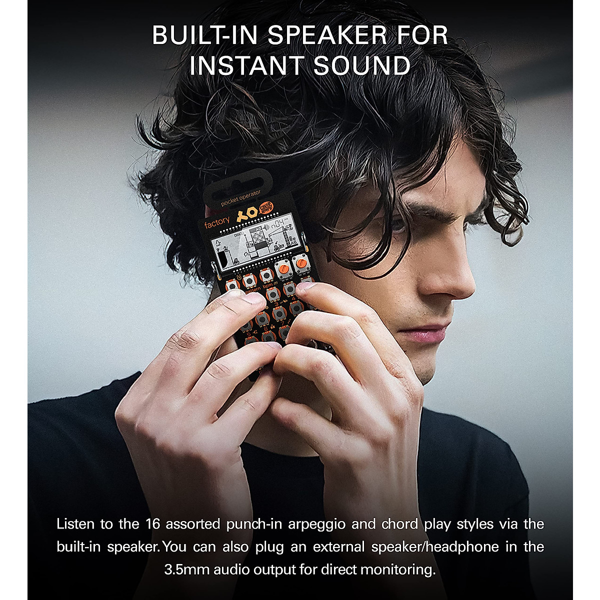 teen age engineering Pocket Operator PO-16 Factory Lead and Chord Synthesizer and Sequencer Bundle with Blucoil 3-Pack of 7" Audio AUX Cables, and 4 AAA Batteries