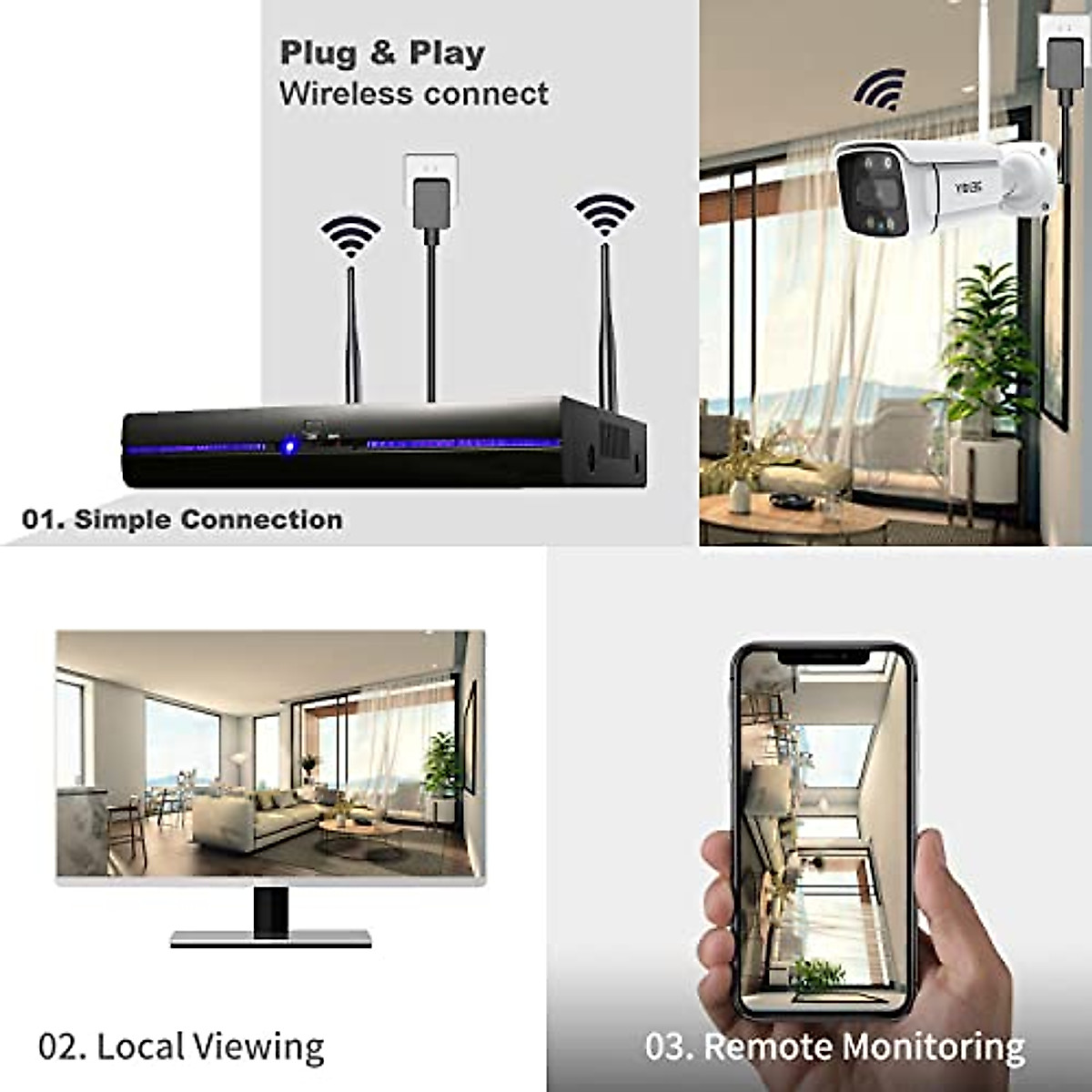 REIGY 3MP WiFi Security Camera System with Floodlight Without Hard Drive, 2K Outdoor Home Surveillance Set 8CH 5MP NVR + 4X 1296P IP Cam, 2-Way Audio Remote View Color Night Vision Motion Detection