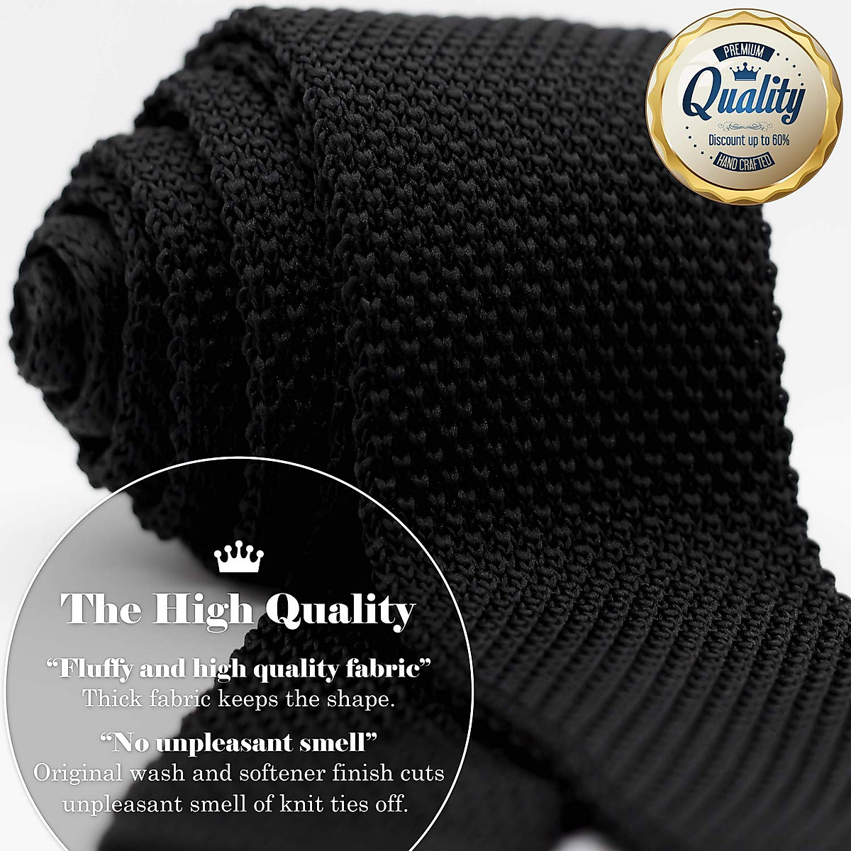 WANDM Men's Knit Tie Slim Skinny Square Necktie Width 2.2 inches Washable Solid Color Black