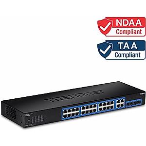 TRENDnet 28-Port Gigabit Web Smart Switch, 24 x Gigabit Ports, 4 x Shared Gigabit Ports (RJ-45/SFP), VLAN, QoS, LACP, IPv6, 56Gbps Switching Capacity, Lifetime Protection, TEG-284WS,Black
