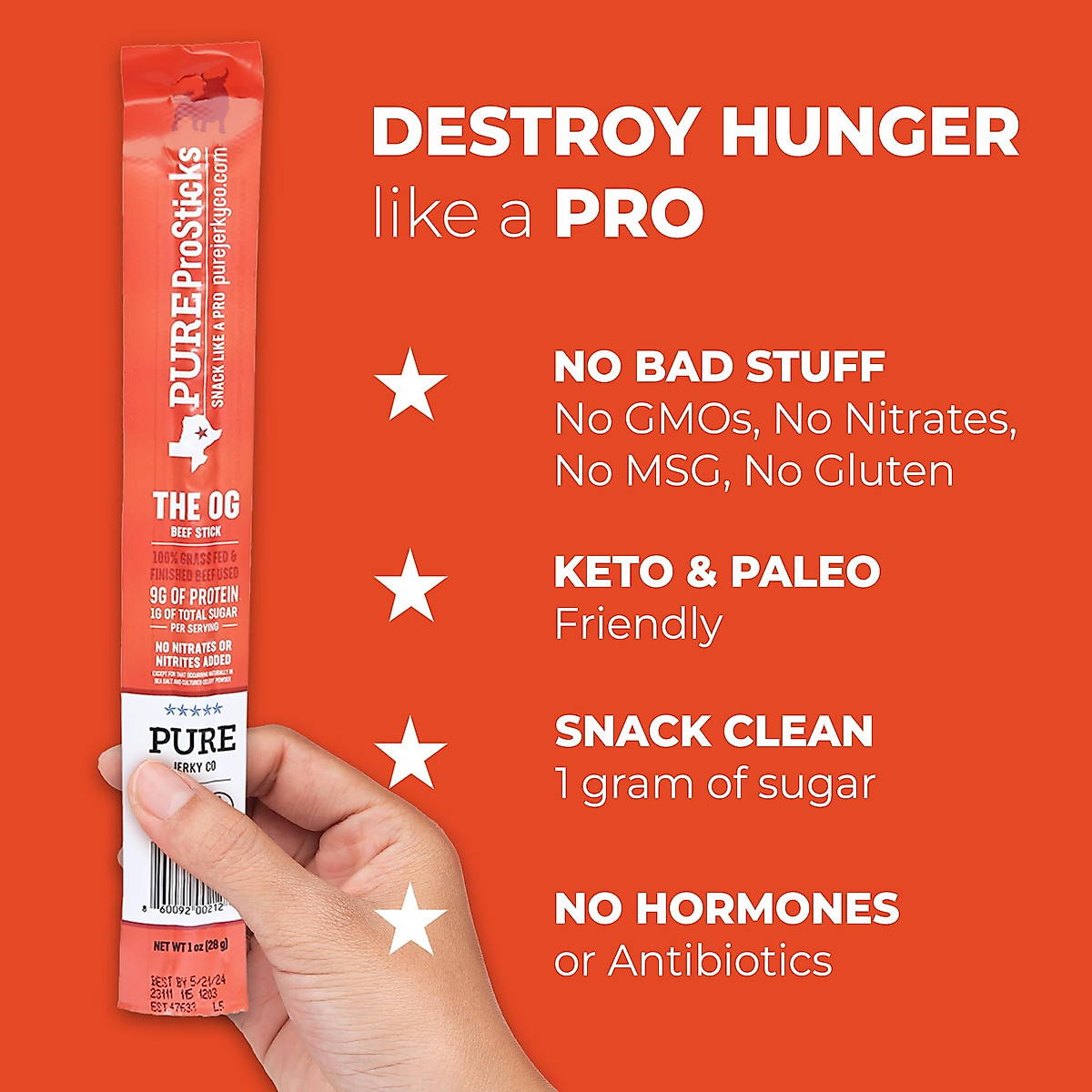 PureProSTICKS - 24 pack of Low Sugar 100% Grass Fed Beef Sticks - Original Flavor Mild - Delicious Gluten Free Beef Snack - High Protein Keto & Paleo Friendly - 24 Beef Sticks