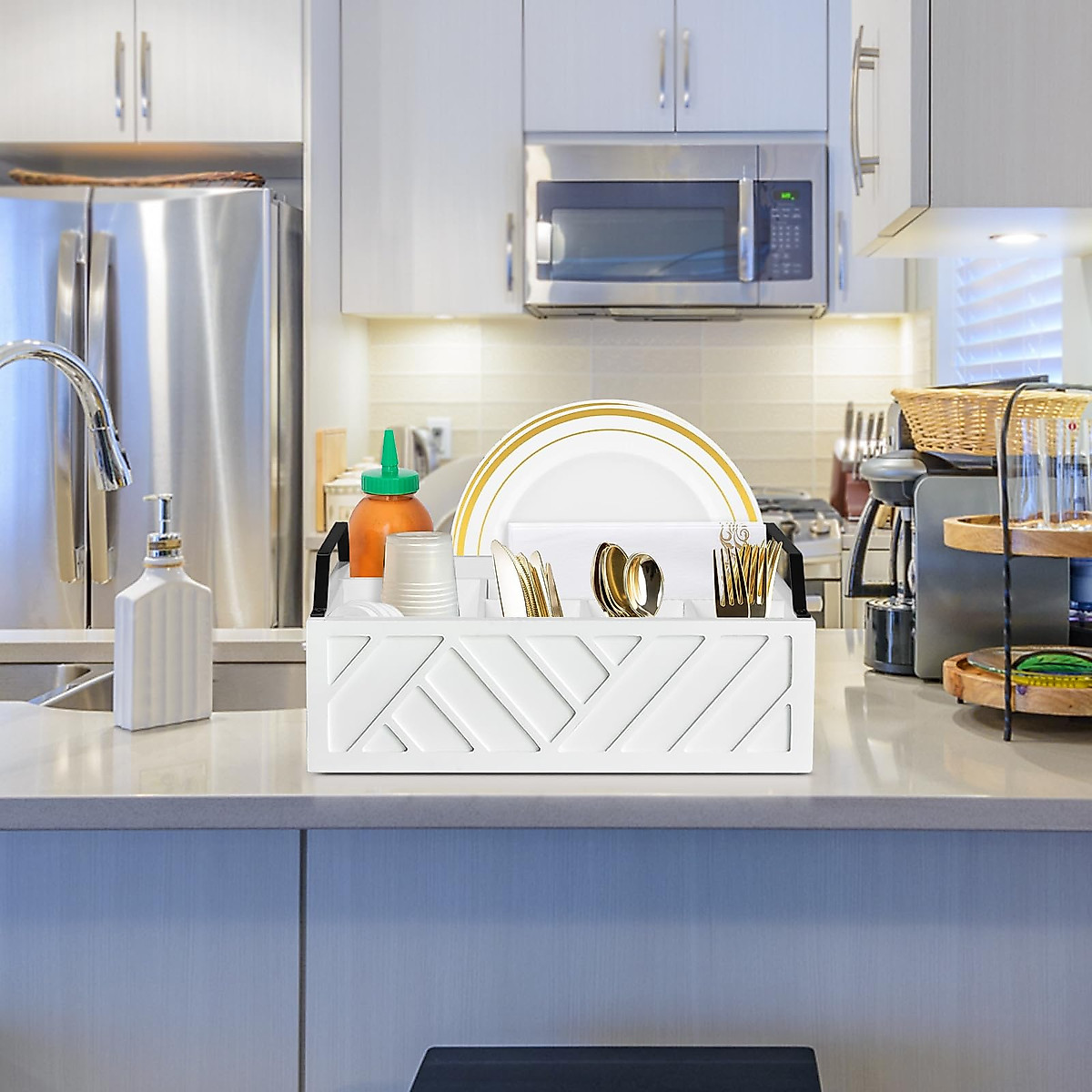 Paper Plate Dispenser, Paper Plate Holder for Kitchen Counter, Wood Rustic Silverware Utensil Caddy, Cutlery Flatware Organizer Box for Cups Spoons Forks Plates Napkins, Kitchen Accessories (White)