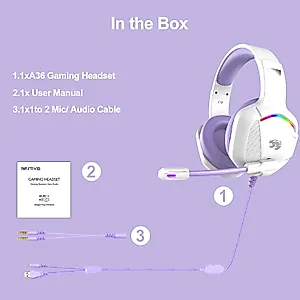 Gaming Headset with Microphone for Pc, Xbox One Series X/s, Ps4, Ps5, Switch, Stereo Wired Noise Cancelling Over-Ear Headphones with Mic, RGB, for Computer, Laptop, Mac, Nintendo, Gamer (Purple)
