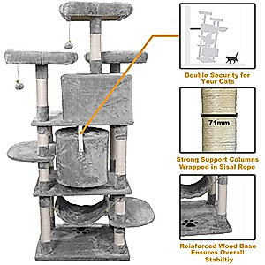 NEGTTE Cat Tree Tower for Indoor Cats,67 inches Extra Large Multi-Level Cat Condo with Sisal Scratching Posts for Large Cats Kitty Play House,Light Gray