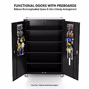 VINGLI 72" H Upgraded Tall & Wide Black Metal Storage Cabinet with Pegboards in Doors and 4 Adjustable Shelves, Garage Cabinet and Storage System with Wheels, Locking Cabinet for Home Office, Basement