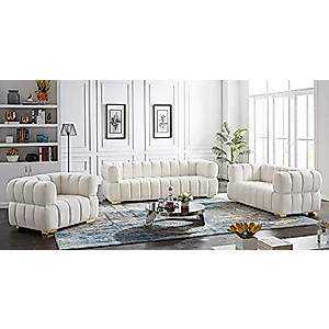 Meridian Furniture Gwen Collection Velvet Upholstered Sofa with Deep Biscuit Tufting, Cream