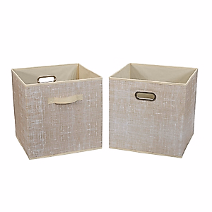 Household Essentials Fabric Storage Bins 2 Piece Set, Strong Poly-Woven Fabric, Sturdy Chipboard Sides, Grommet Front Handle, Stackable and Foldable, Classic Design, Tan Mix