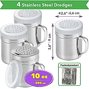 CUSINIUM 10oz Stainless Steel Salt Pepper Dredge Shakers - With Plastic Cap - With Handle - Pack of 4