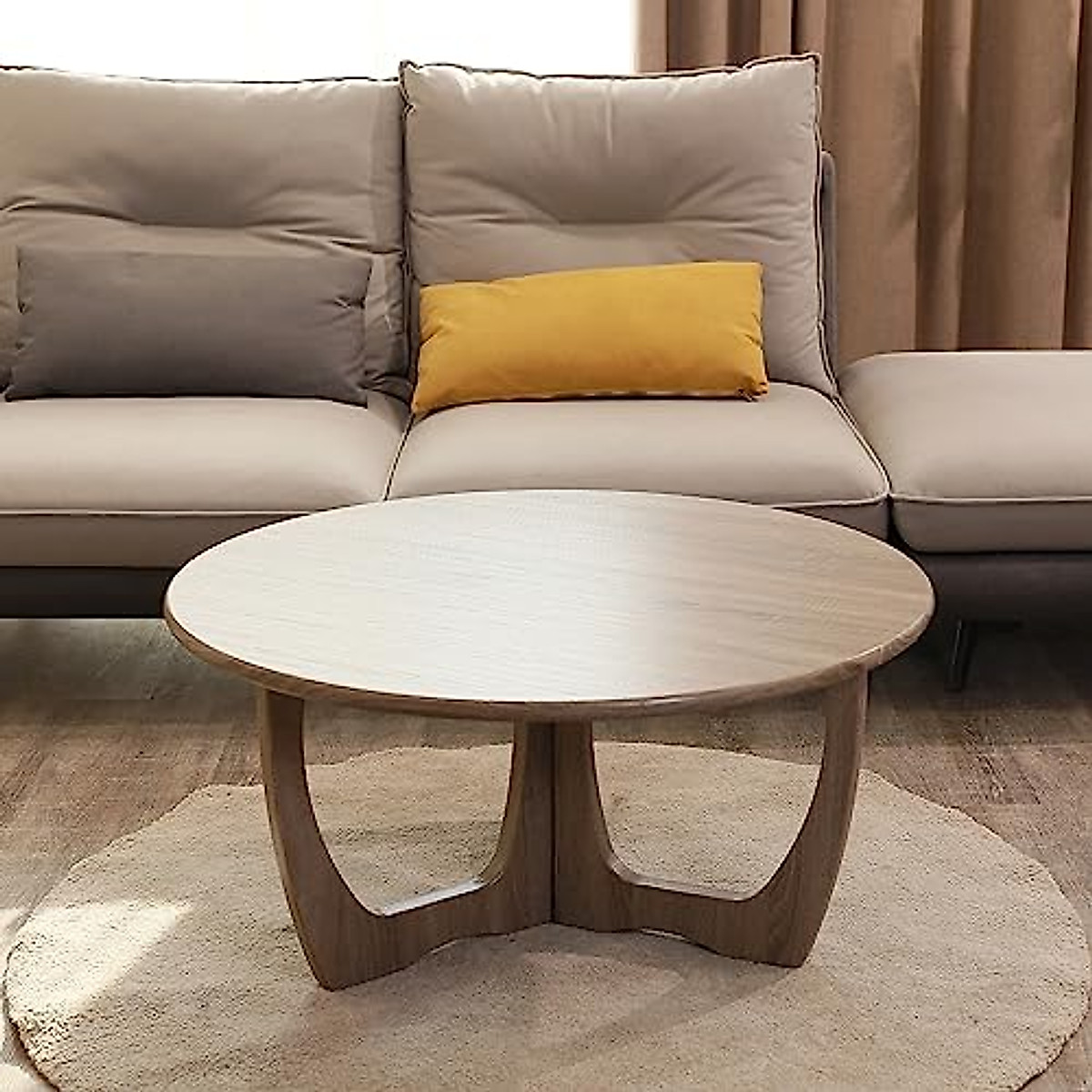 FINECASA Wooden Curved Leg Round Coffee Table , Accent Couch,Home Decoration, Living Room Tables, 35.5 x 18 Inches, Natural