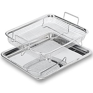 Ingcebo 13x9.6 Inch Stainless Steel Air Fryer Basket for Oven, Toaster Oven Crisper Tray, Air Fryer Basket for Convection Oven Cooking Baking Cooling, 2-Piece Set for Fries/Bacon/Chicken(Silver)