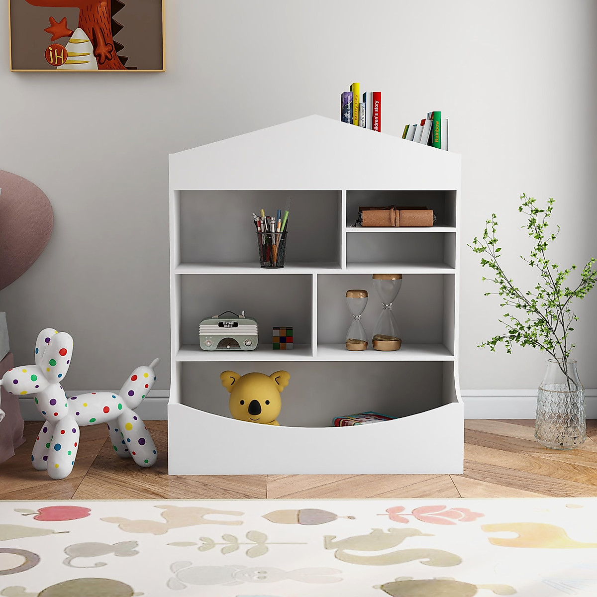 RASOO Kids Bookshelf with Storage Toy Storage Organizer with Bookcase, 4-Tier Freestanding Open Multi-Bins Toys&Books Display Organizer for Playroom, Bedroom, Nursery, School, White