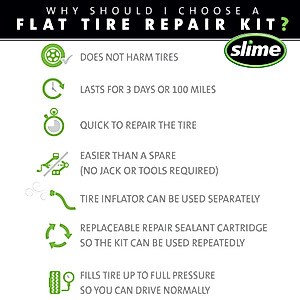 Slime 50122 Flat Tire Puncture Emergency Kit, Includes Sealant and Tire Inflator Pump, Analog, Suitable for Cars and Other Highway Vehicles, 10 Min Fix