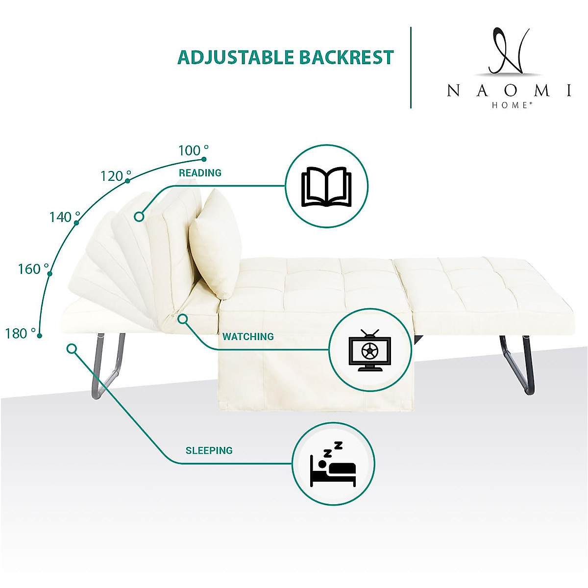 Naomi Home Convertible Sofa Bed, 4 in 1 Chair Bed Sleeper for Adults, Linen Sleeper Sofa Bed Chair, Ottoman Bed Sleeper with Adjustable Backrest, Modern fold Out Chair Bed for Living Room, Cream