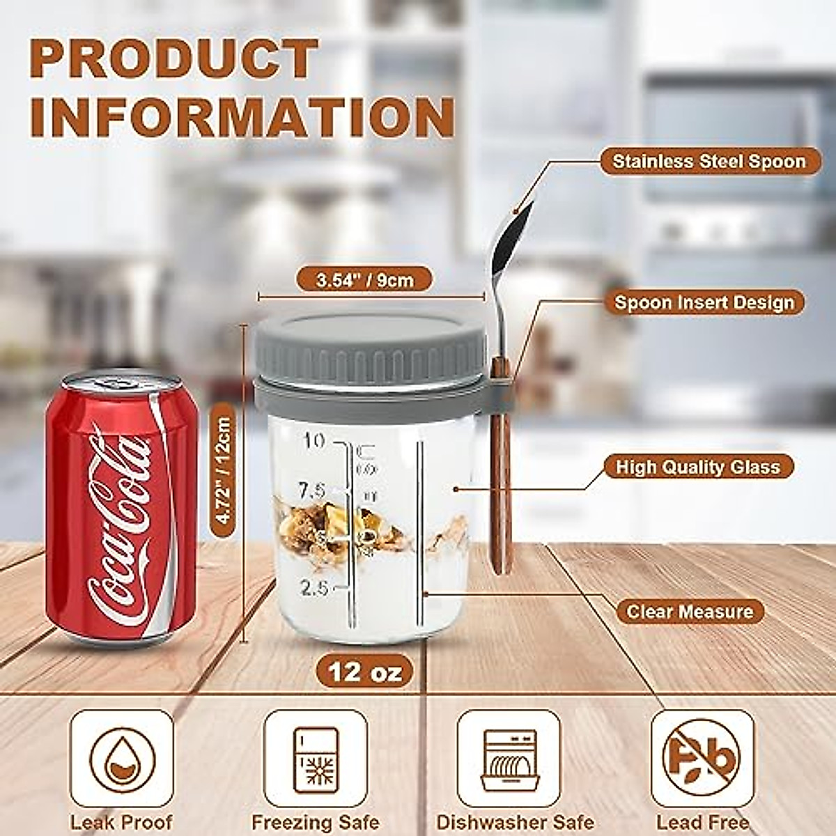 TAOUNOA 9 Pack Overnight Oats Container, 12oz Glass Overnight Oats Containers with Lids and Spoon 350ml Colorful Mason Jars with Lids with Measurement Marks