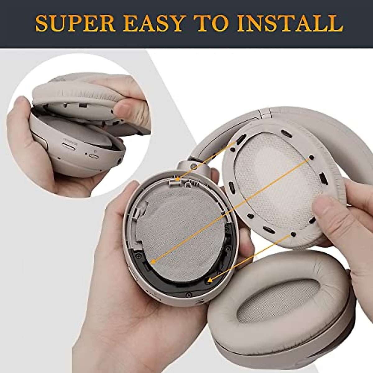 SOULWIT Professional Earpads Cushions Replacement for Sony WH-1000XM3 (WH1000XM3) Over-Ear Headphones, Ear Pads with Softer Protein Leather, Noise Isolation Memory Foam, Added Thickness (Gold)