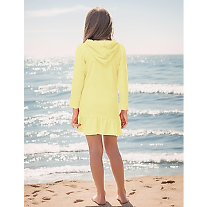 BesserBay Girl's Summer Towel Dress Terry Button Down Solid Bathrobe Ruffle Hem Yellow Quickly Dry with Pocket Hoodie Beach Robe 3-4 Years