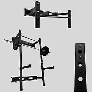 HulkFit Pro Series Wall Mounted Folding Power Rack Cage with J Hooks and Height Adjustable Pull Up Bar - Black