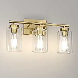 Gold Bathroom Light Fixtures, Modern Bathroom Vanity Light with Clear Glass Shade, 3 Lights Brushed Brass Bath Wall Mount Lights, Gold Wall Sconce for Kitchen Bedroom Hallway Living Room Hallway