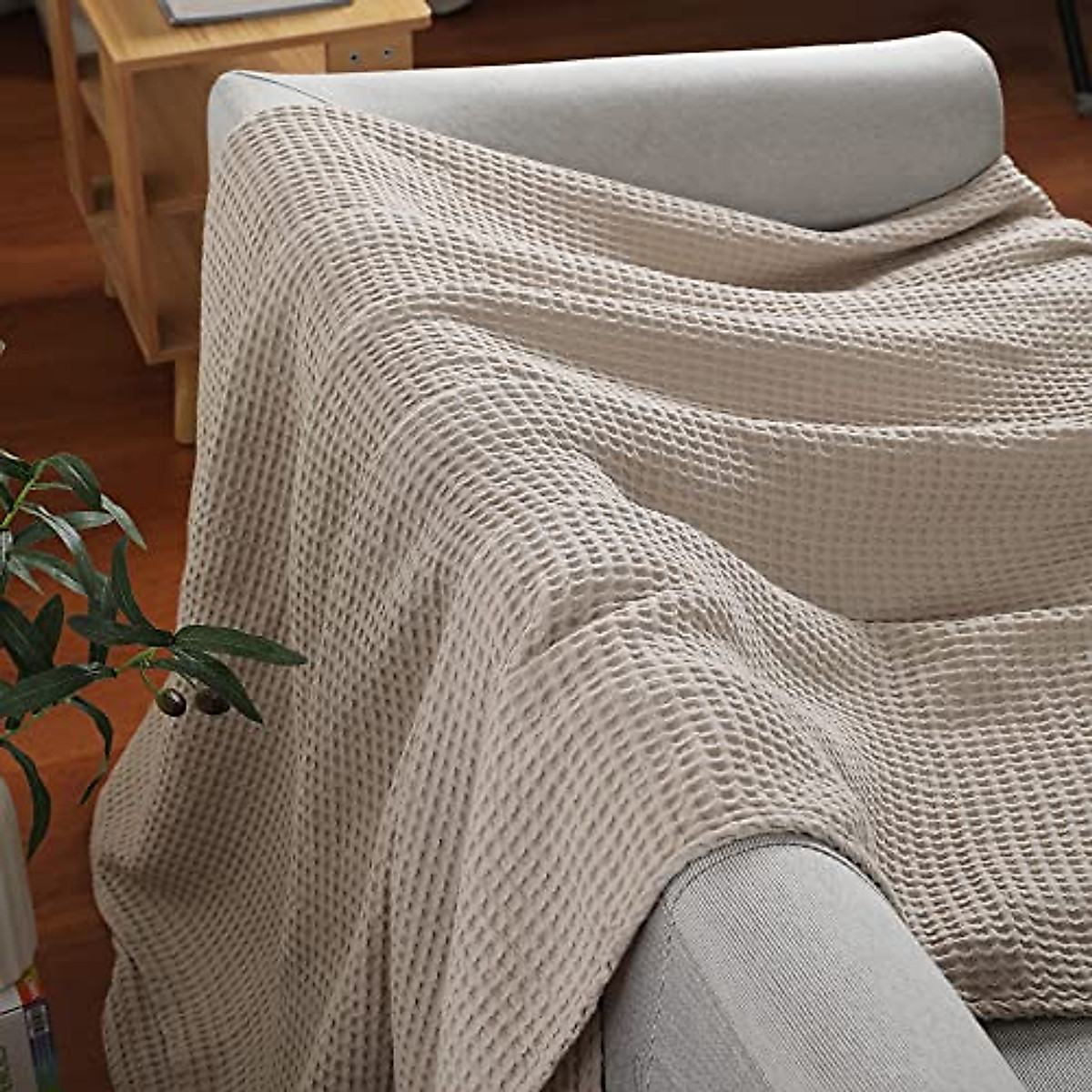 Waffle Blanket King 100% Cotton Bed Blanket, 380 GSM Waffle Weave Throw Blanket for All Seasons, Pre-Washed and Anti-Shrinkage Soft Lightweight Blanket for Bed, Sofa (Khaki,90x104)