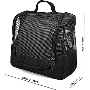 The Fine Living Co. Portable Hanging Shower Caddy Organizer Bag (Free Toiletries Case+Metal Hook) Quick Dry Mesh Shower Caddy Tote Bag Pouch For Bathroom College Dorm Camp Gym Camping 10”x4”x9”(Black)