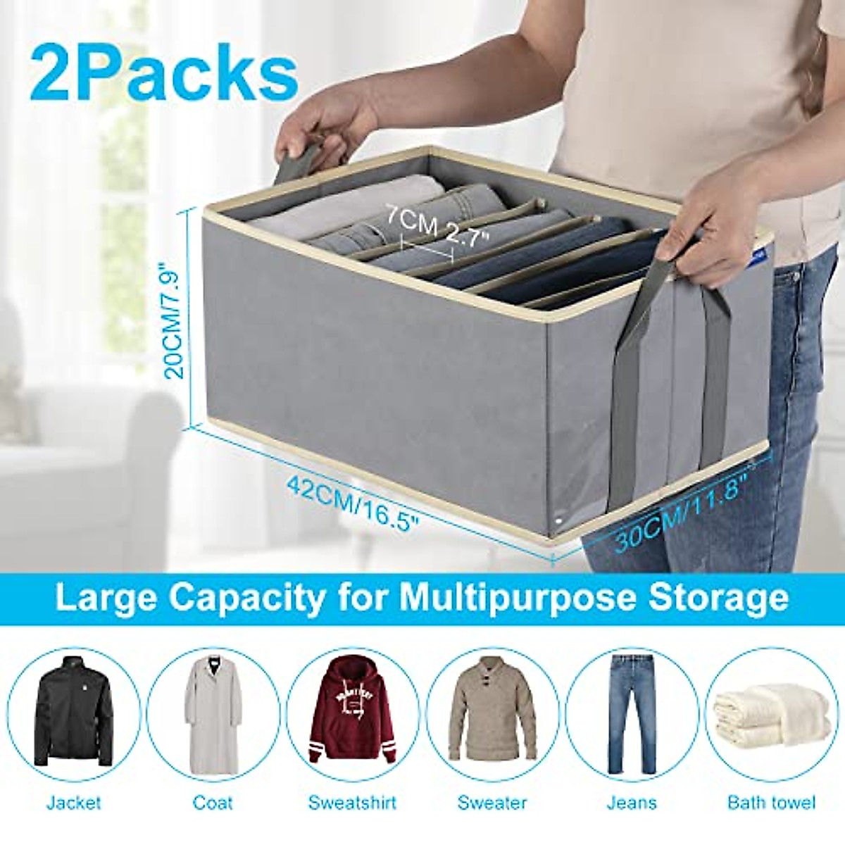 roomtalk Wardrobe Clothes Organizer for Jeans & Pants 6-Grids, Clothes Organizer for Folded Clothes with Double Handles & Label Pocket, 11.8" W x 16.5" D x 7.9" H, 2 Pack Grey.