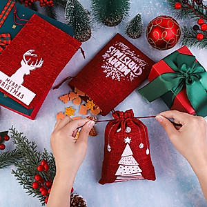 MIMIND 24 Pack Christmas Linen Bags with Drawstrings 7 x 5 Inch Burlap Gift Bags Christmas Burlap Goody Present Bags with Cards for Party Favor, 12 Designs, Wine Red