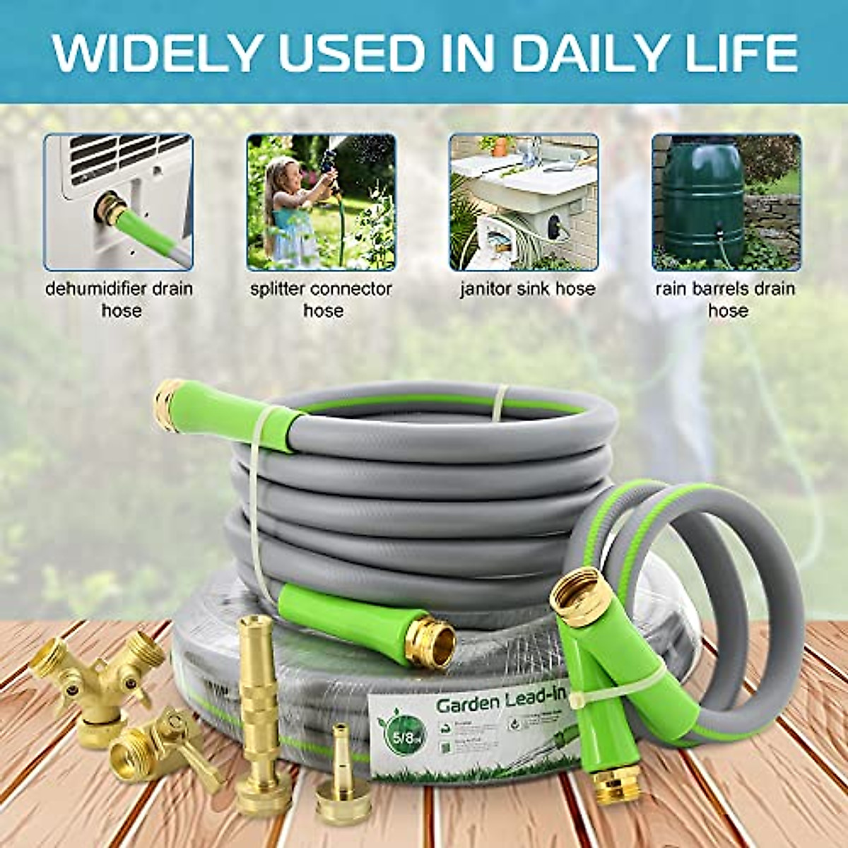 Garden Lead-in Water Hose 5/8" Inch x 20' Foot Heavy Duty Flexible Water Hose, Garden hose Extender/Hose Reel Connector Max Pressure 150 PSI/10 BAR with 3/4" GHT Fittings