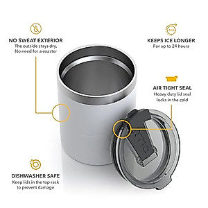 RTIC Lowball Tumbler with Splash Proof Lid, 12 oz, White, Insulated Travel Stainless Steel Coffee Mug, Sweat Proof, Keeps Hot & Cold Longer