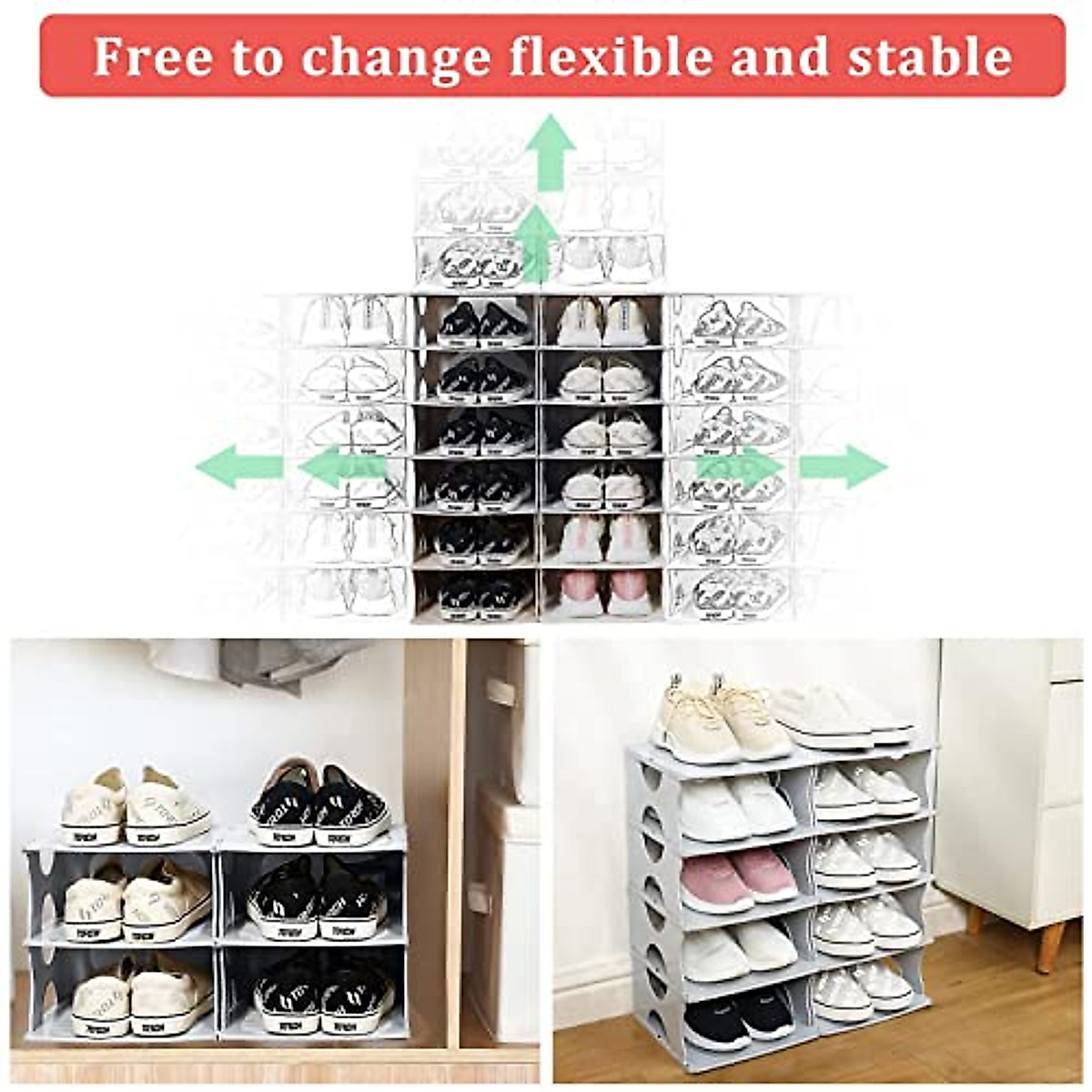 TXALWIQ 6-Tier Shoe Rack,Stackable Storage Organizer for Bedroom Entryway, Adjustable Rack,Shoe Slots Shelf, Easy Clean Tower Rack,Grey