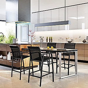 Patio Bar Stools Set of 2, Bar Chairs with Footrest and Armrest, Bar Height Patio Stools with High Back for Garden, Courtyard, Pool, Deck, All-Weather Textilene Patio Furniture, Black