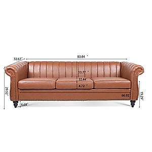 TMEOSK 84" PU Leather Sofa Couch, Mid-Century Modern Chesterfield Three Seater Sofa, Loveseat Sofa with Rolled Arm for Living Room, Dorm, Office (Brown)