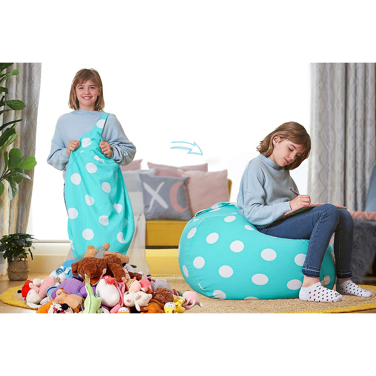 Aubliss Stuffed Animal Bean Bag Storage Chair, Beanbag Covers Only for Organizing Plush Toys, Turns into Bean Bag Seat for Kids When Filled, Large 38"-Canvas Dot Light Aqua