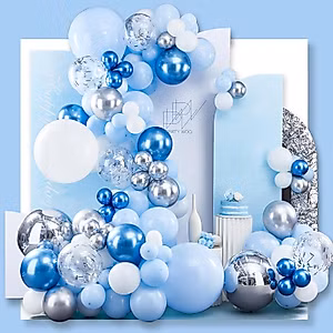 PartyWoo Blue Balloon Garland Kit, 140 pcs Blue and White Balloon Arch Kit, 4D Silver Balloons, Metallic Balloons, Confetti Balloons for Baby Shower Decorations, Birthday Decorations, Baptism