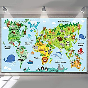 World Map Backdrop Animal Landmarks World Map Tapestry for Kids Educational Cartoon Animals World Background Wall Hanging for Nursery Bedroom Living Room Classroom Dorm or Animals Party Decorations