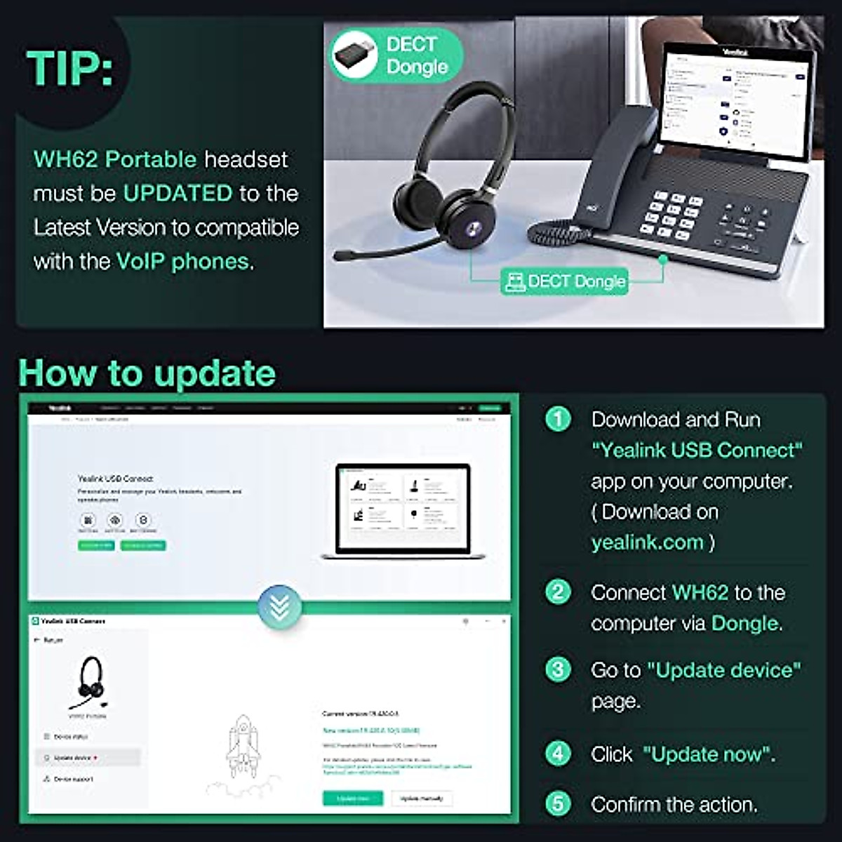 Yealink WH62 Portable Wireless Headset with Dongle Computer Headset with Microphone (for Teams Optimized, WH62 with Dongle)