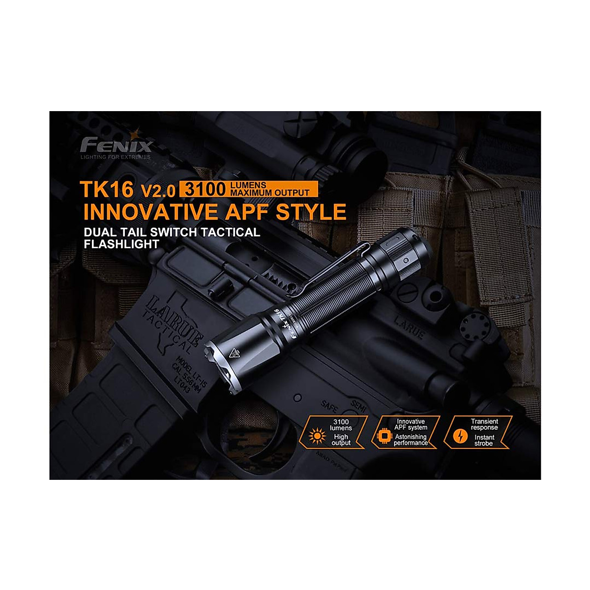 Fenix TK16 v2.0 Tactical Flashlight, 3100 Lumen Long Throw, USB-C Rechargeable, with LumenTac Organizer