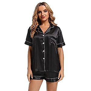 Finvizo Womens Silk Satin Pajamas Set: Soft Short Sleeve Two-piece Pjs Silky Button-down Sleepwear Loungewear Shorts Set,Black XXL