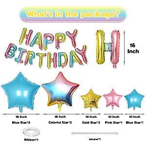 Happy Birthday Balloons Banner, Rainbow Happy Birthday Foil Balloons 16 Inch Mylar Foil Letter Balloons with 8 Pcs Gradient Blue Pink Star Balloons for Women Men Boys Girls Birthday Party Decorations