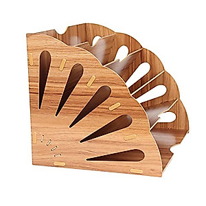 File Folder Holder Wood Organizer 5 Compartment, File Sorter Wood Buckle Design Desktop Fan-Shaped Mail Letter Document Magazine File Assembly Divider DIY Office Tabletop Storage Box (Brown)