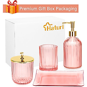 Haturi Bathroom Accessories Set, 4 Pcs Pink Glass Bathroom Accessories Sets Complete w/Lotion Soap Dispenser, Toothbrush Holder, Apothecary Jar, Vanity Tray, Bathroom Decor, Gift for Home Apartment