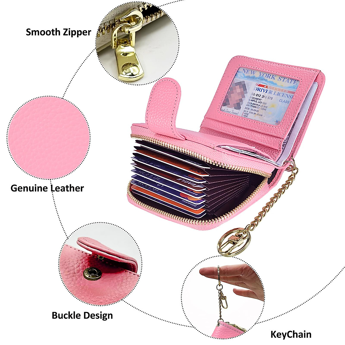 Beurlike Women's RFID Credit Card Holder Organizer Case Leather Security Wallet (Upgrade a (10 Accordion/Key Ring) - Pink)