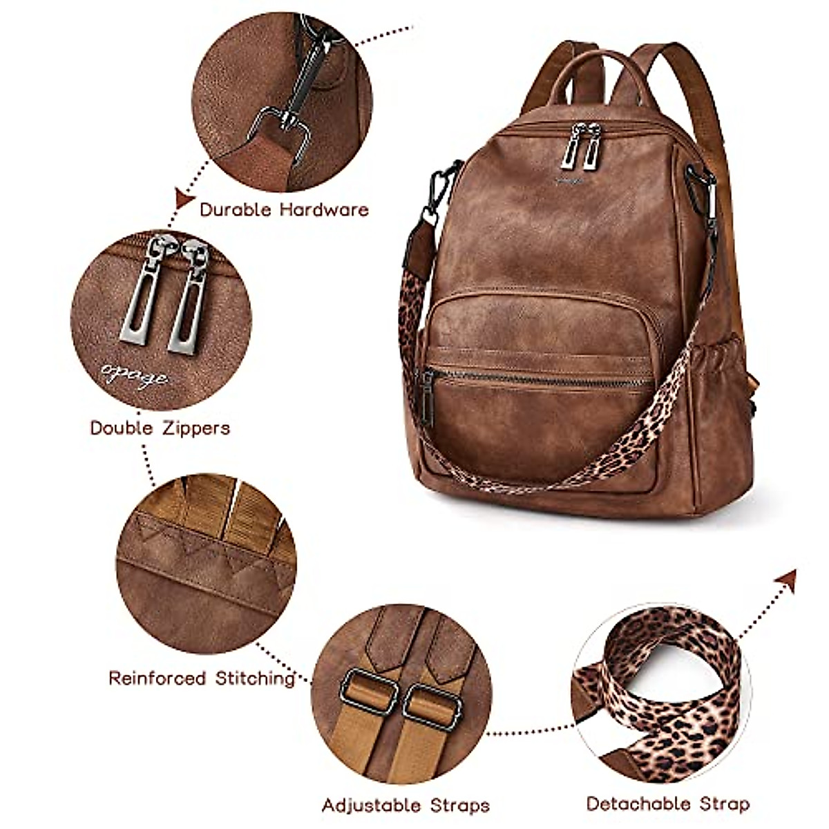 OPAGE Leather Backpack Purse for Women Fashion Ladies Convertible Shoulder Casual Travel Bags With Wristlet