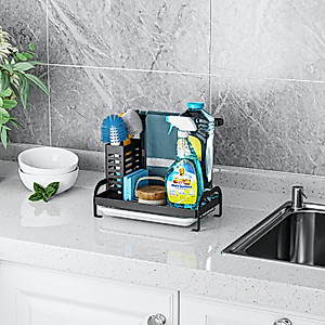 Kitchen Sink Caddy Sponge Holder - iSPECLE Sink Organizer with Brush Holder Drain Pan Tray, Dishrag Dishcloth Holder Storage Kitchen Accessories, Black