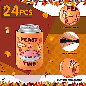 24 Pcs Thanksgiving Can Cooler Sleeves 12 oz Funny Can Sleeves Turkey Pumpkin Neoprene Insulated Beer Can Bottle Sleeves for Happy Thanksgiving Happy Turkey Day Party Favors Supplies