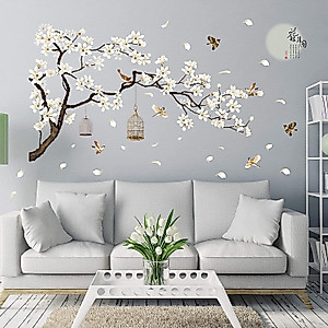 Bienstylife Peach Flower Wall Decals Tree Wall Stickers Peel and Stick Flower Wall Stickers Floral Murals for Living Room TV Background Kids Girls Room Bedroom 4 Sheets of 11.8"x35.4"