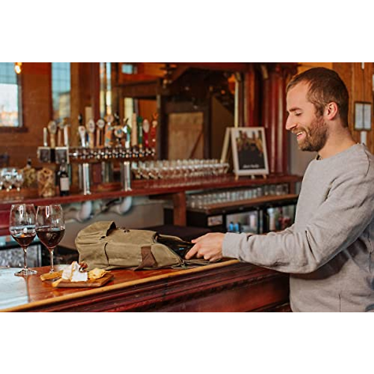 LEGACY - a Picnic Time Brand, 2 Bottle Insulated Wine Bag with Cheese Board and Knife Set - Wine Picnic Bag - Waxed Canvas Wine Tote, Khaki/Brown