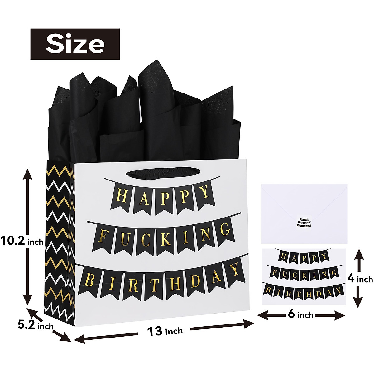 13" Large White Gift Bag Set with Greeting Card and Tissue Papers (Happy Fucking Birthday) for Women's or Men's Birthday Party, Funny Adult Humor Gift Bag - 13”x5.2”x10.2”,1 Pcs.