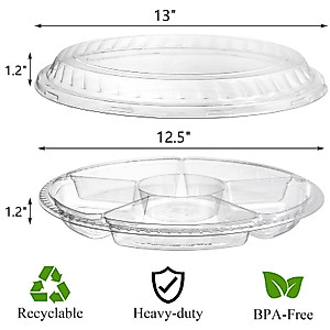 Lawei 30 Pack 12.5 Inch Plastic Appetizer Tray with Lid, 6 Sectional Round Plastic Serving Tray, PET Food Serving Dip Platter, Disposable Fruit Vegetable Trays Storage Containers for Party Buffet